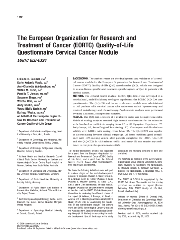(PDF) The European Organization for Research and Treatment of Cancer (EORTC) Quality-of-Life ...