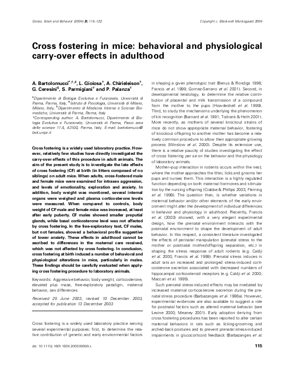 (PDF) Cross fostering in mice: behavioral and physiological carry-over ...