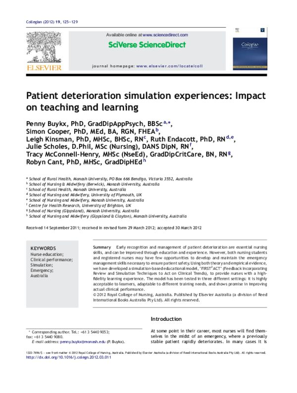 (PDF) Patient deterioration simulation experiences: Impact on teaching ...