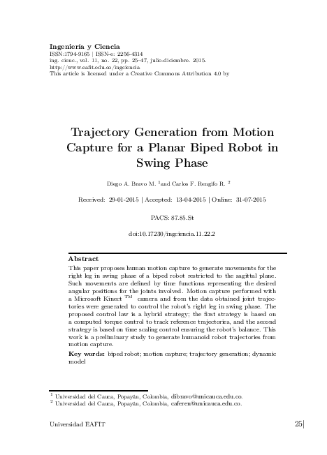 Pdf Trajectory Generation From Motion Capture For A Planar Biped Robot In Swing Phase