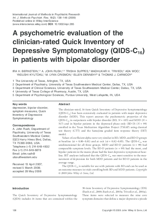 (PDF) A psychometric evaluation of the clinician-rated Quick Inventory ...