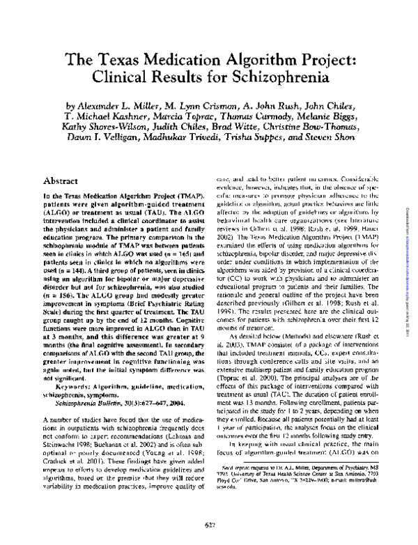 (PDF) The Texas Medication Algorithm Project: Clinical Results for ...