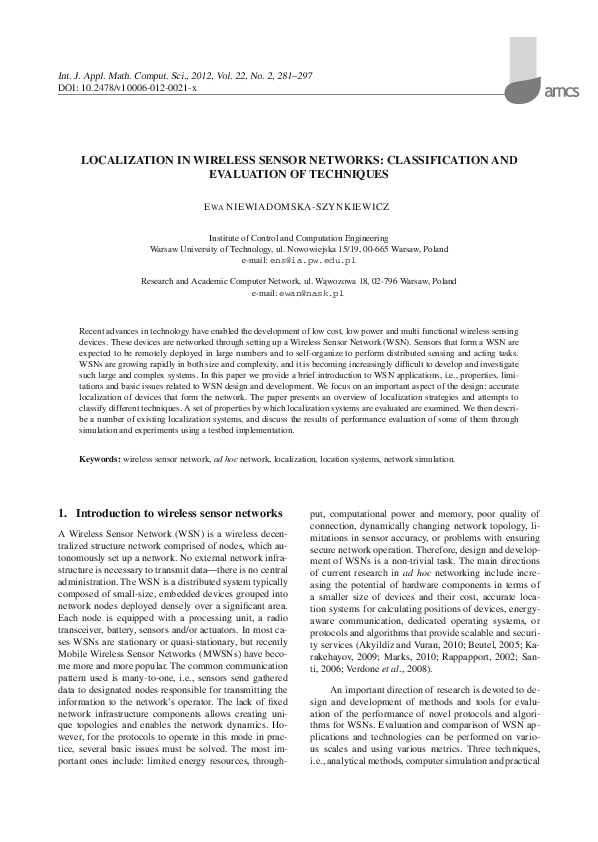 Pdf Localization In Wireless Sensor Networks Classification And