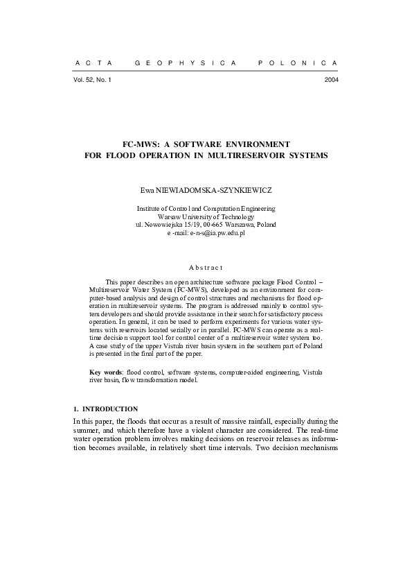 Pdf Fc Mws A Software Environment For Flood Operation In Multireservoir Systems Ewa