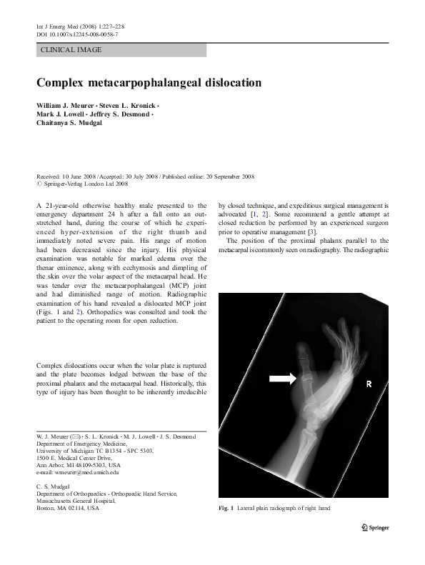 (PDF) Complex metacarpophalangeal dislocation
