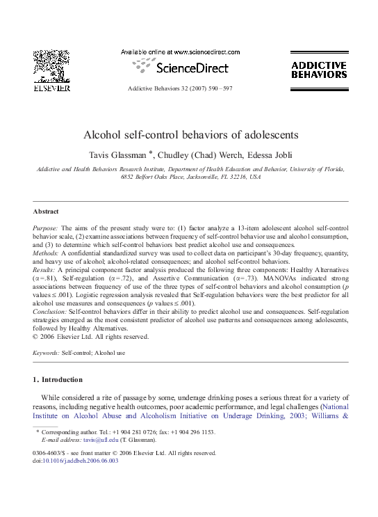 (PDF) Alcohol self-control behaviors of adolescents