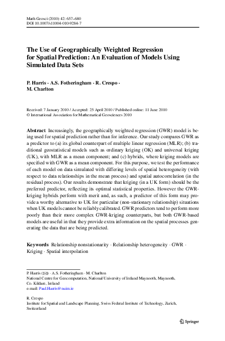 Pdf The Use Of Geographically Weighted Regression For Spatial Prediction An Evaluation Of