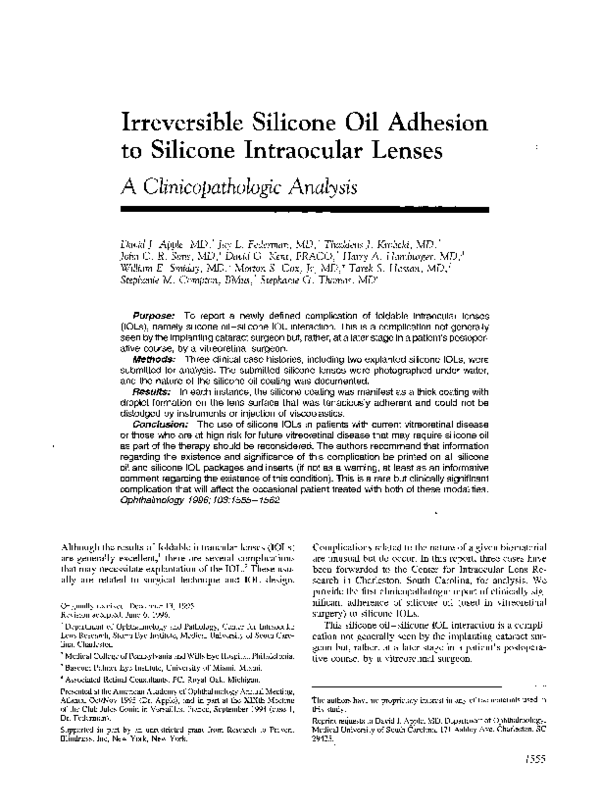 (PDF) Irreversible Silicone Oil Adhesion to Silicone Intraocular Lenses ...