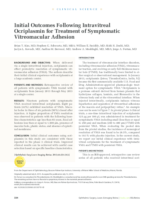 (PDF) Initial Outcomes Following Intravitreal Ocriplasmin for Treatment ...