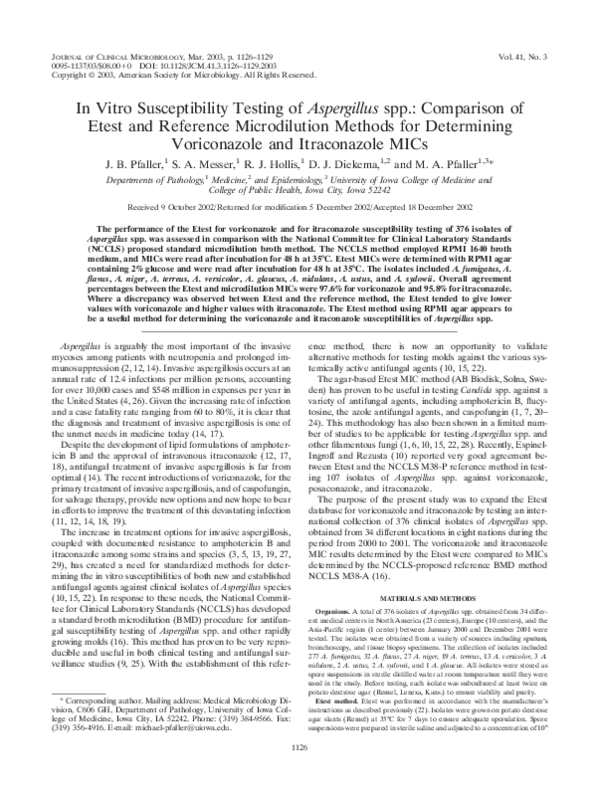 Pdf In Vitro Susceptibility Testing Of Aspergillus Spp Comparison Of Etest And Reference