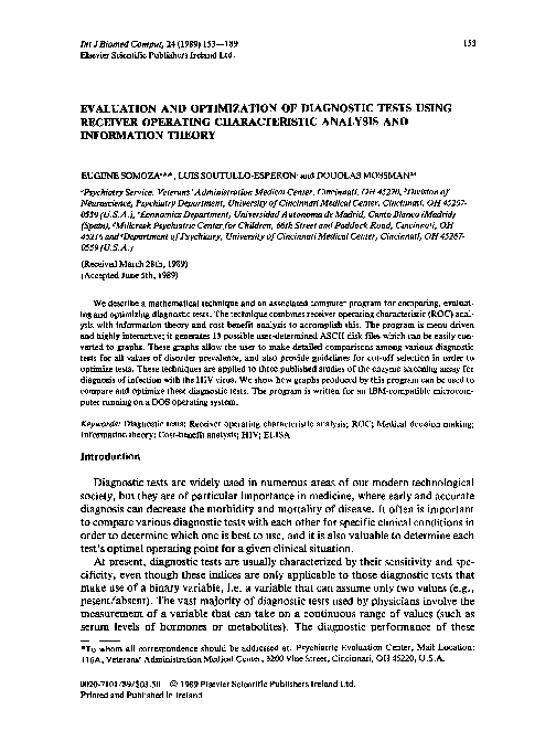 (PDF) Evaluation and optimization of diagnostic tests using receiver ...