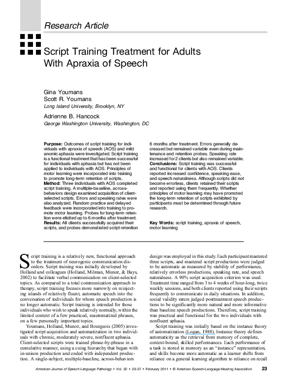 (PDF) Script training treatment for adults with apraxia of speech