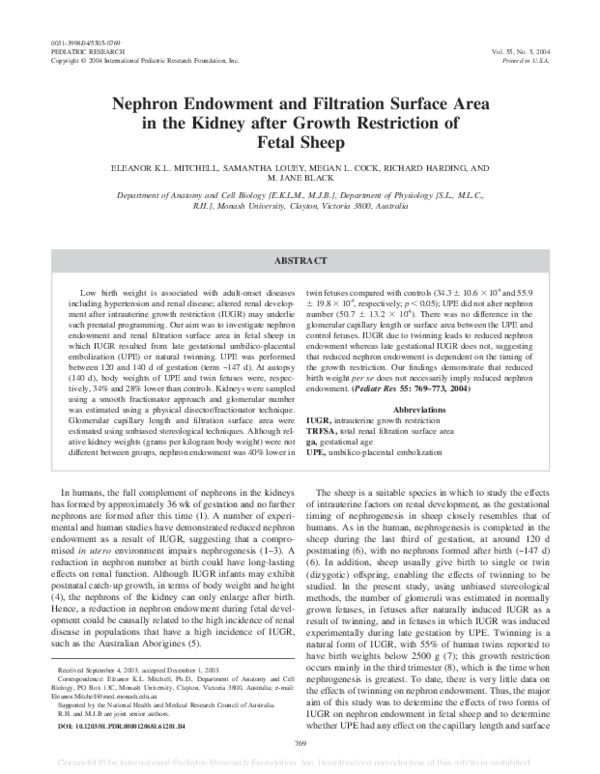 (PDF) Nephron Endowment and Filtration Surface Area in the Kidney after ...
