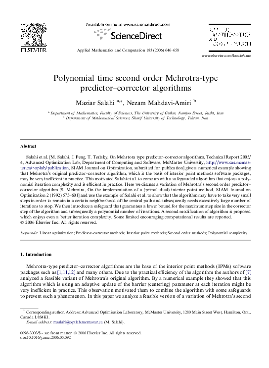 (PDF) Polynomial time second order Mehrotra-type predictor–corrector ...