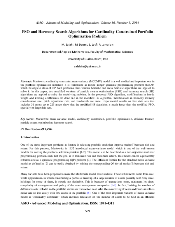 (PDF) PSO and Harmony Search Algorithms for Cardinality Constrained Portfolio Optimization Problem