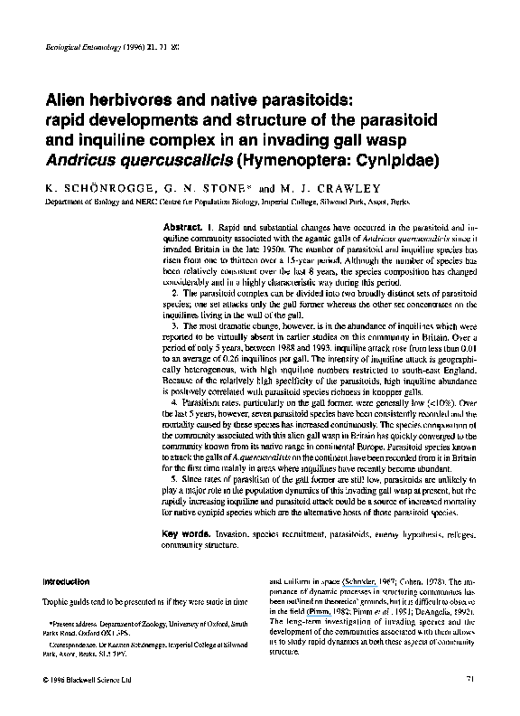 (PDF) Alien herbivores and native parasitoids: rapid developments and ...