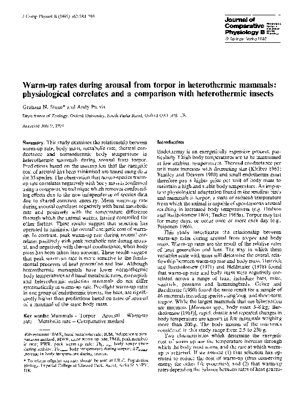 (PDF) Warm-up rates during arousal from torpor in heterothermic mammals ...