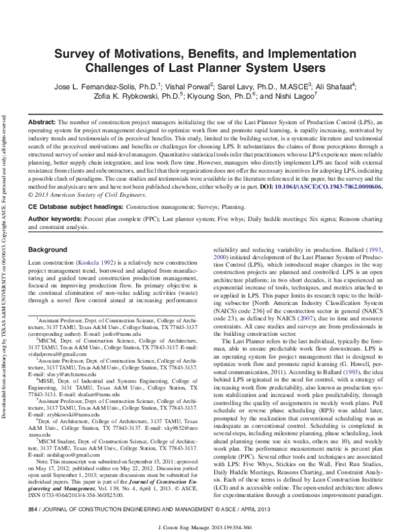 (PDF) Survey of Motivations, Benefits and Implementation Challenges of Last Planner® System Users