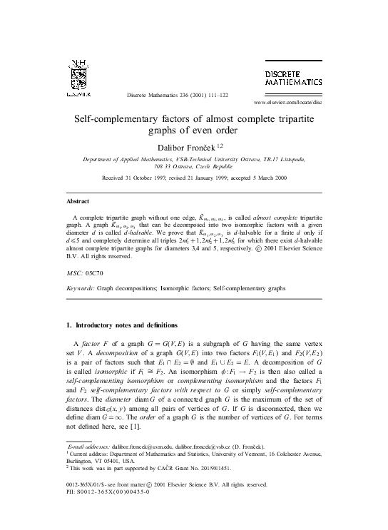 (PDF) Self-complementary factors of almost complete tripartite graphs of even order