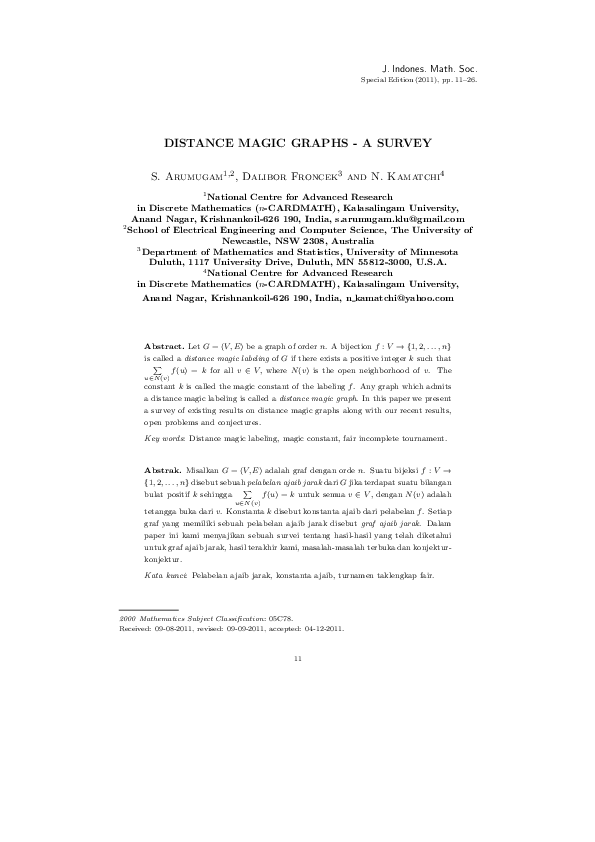 (PDF) S. Arumugam, Dalibor Froncek and N. Kamatchi, Distance magic ...