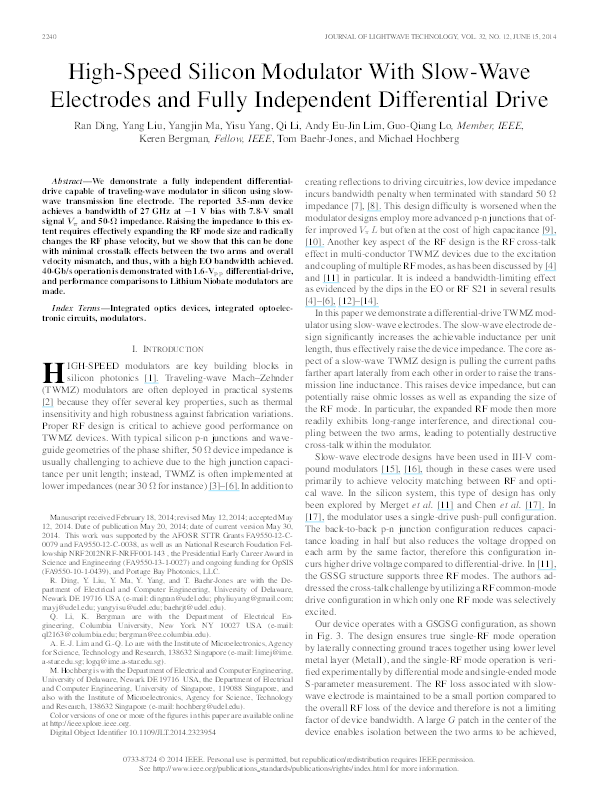 (PDF) High-Speed Silicon Modulator With Slow-Wave Electrodes and Fully ...