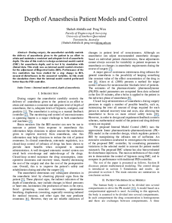 (PDF) Depth of anaesthesia patient models and control