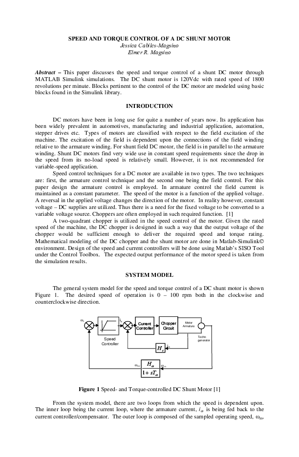 (PDF) SPEED AND TORQUE CONTROL OF A DC SHUNT MOTOR