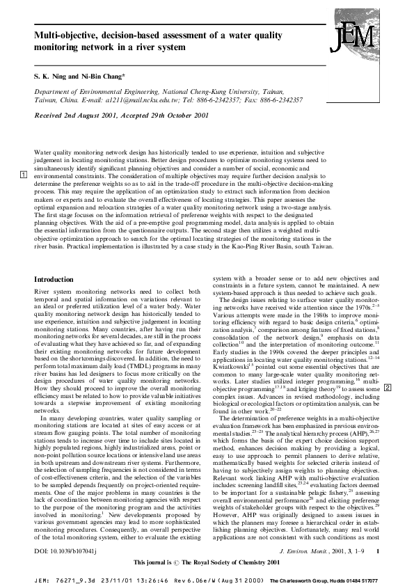 (PDF) Multi-objective, decision-based assessment of a water quality monitoring network in a ...