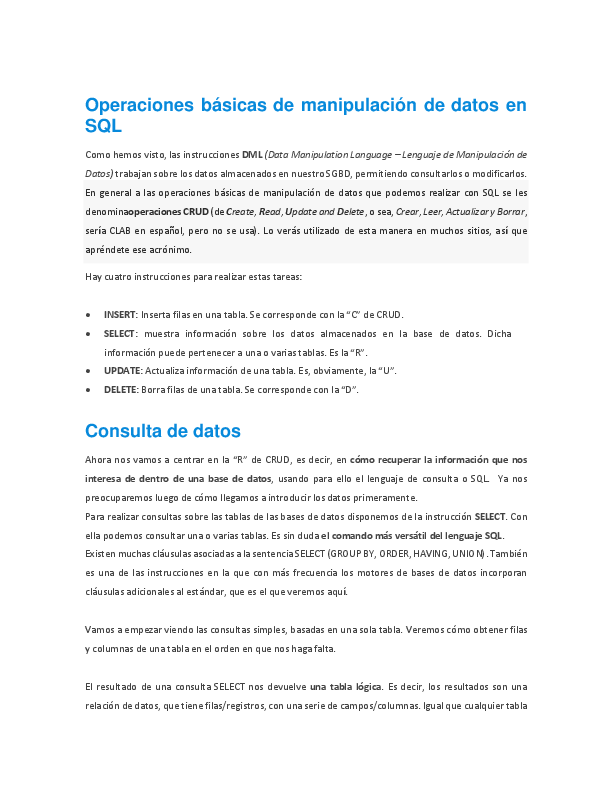 (PDF) Operaciones basicas de manipulacion de datos en SQL