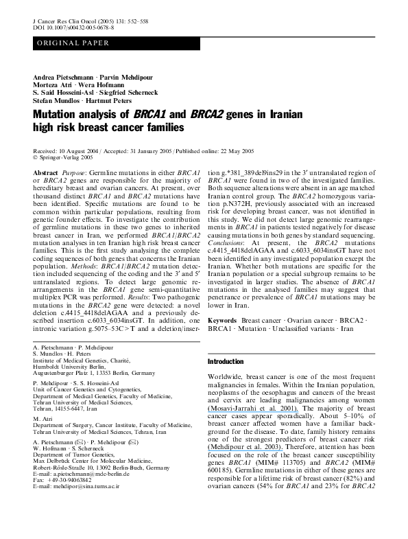(PDF) Mutation analysis of BRCA1 and BRCA2 genes in Iranian high risk breast cancer families