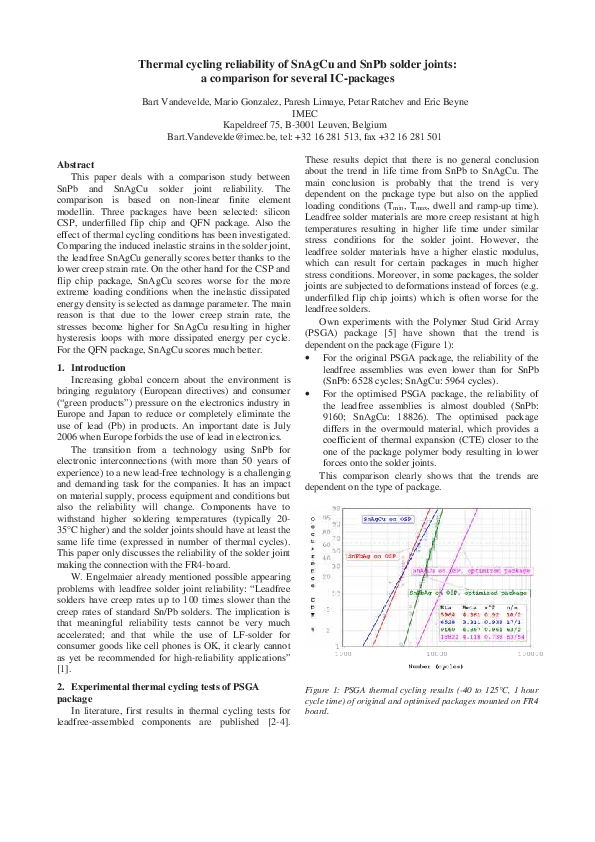 Pdf Thermal Cycling Reliability Of Snagcu And Snpb Solder Joints A Comparison For Several Ic