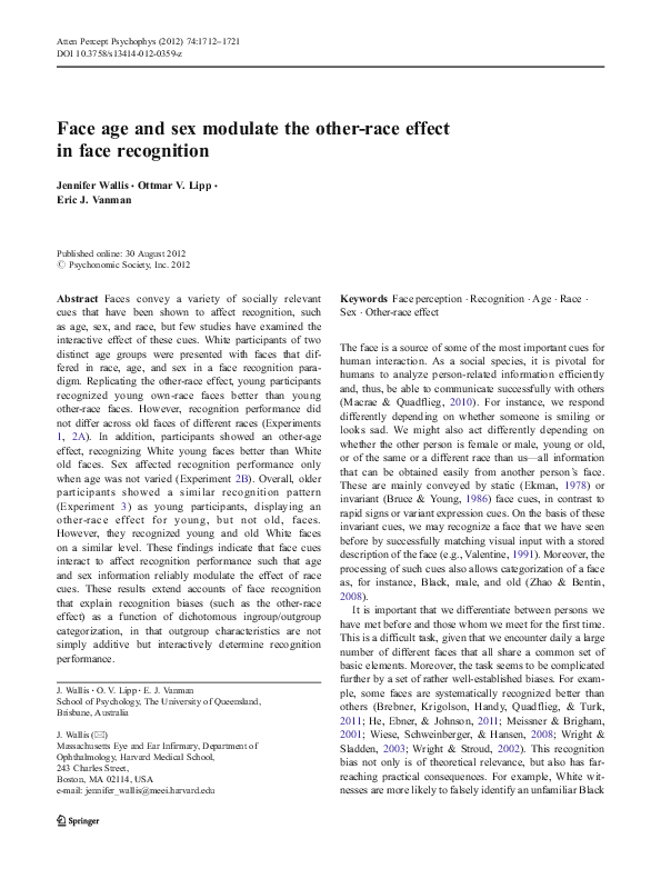 Pdf Face Age And Sex Modulate The Other Race Effect In Face Recognition Ottmar V Lipp