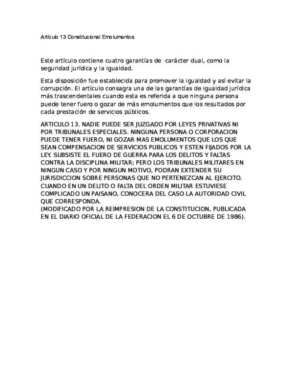 (DOC) Articulo 13 Constitucional Emolumentos