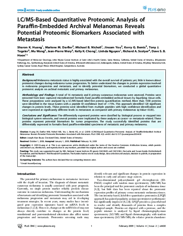 (PDF) LC/MS-Based Quantitative Proteomic Analysis of Paraffin-Embedded Archival Melanomas ...