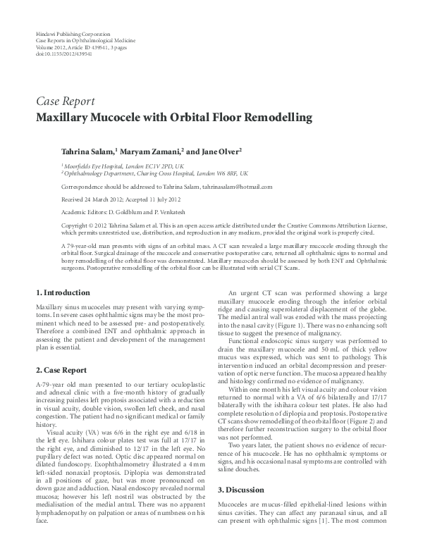 (PDF) Maxillary Mucocele with Orbital Floor Remodelling