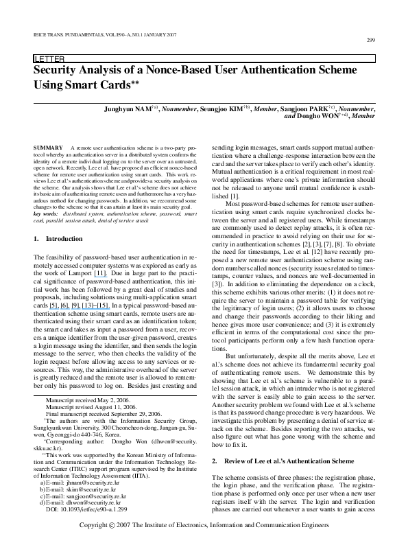Pdf Security Analysis Of A Nonce Based User Authentication Scheme