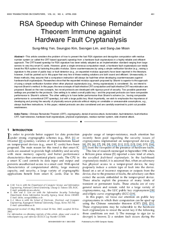 (PDF) RSA speedup with chinese remainder theorem immune against ...