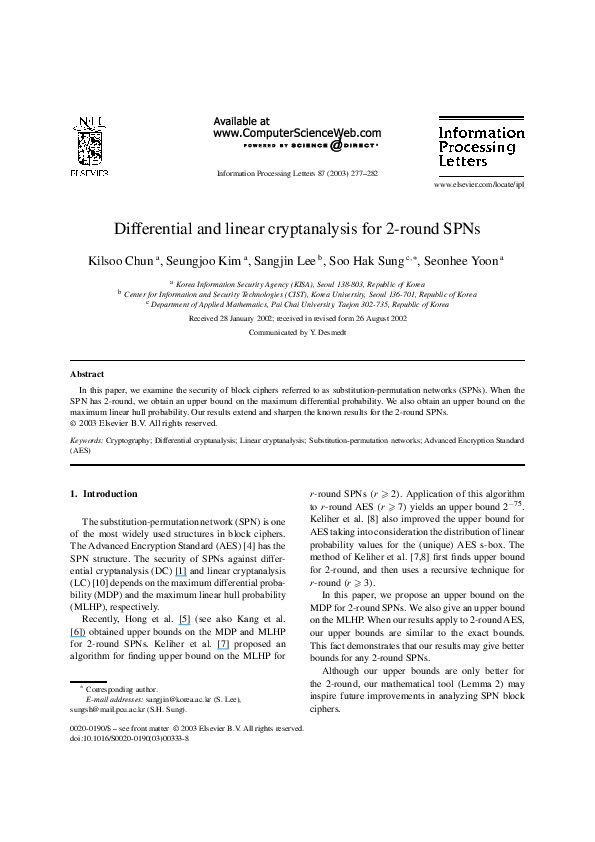 (PDF) Differential and linear cryptanalysis for 2-round SPNs
