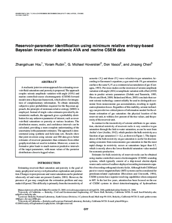 Pdf Reservoir Parameter Identification Using Minimum Relative Entropy Based Bayesian Inversion