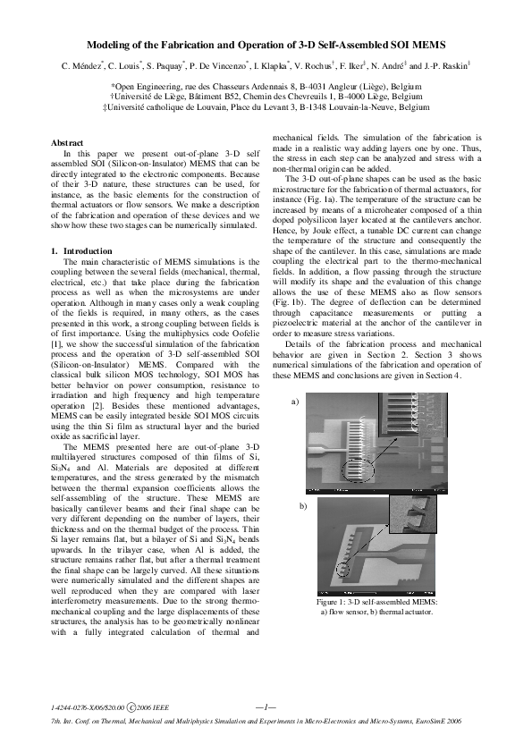 Pdf Modeling Of The Fabrication And Operation Of 3 D Self Assembled Soi Mems