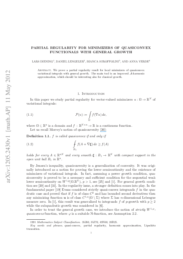 Pdf Partial Regularity For Minimizers Of Quasi Convex Functionals With General Growth Bianca