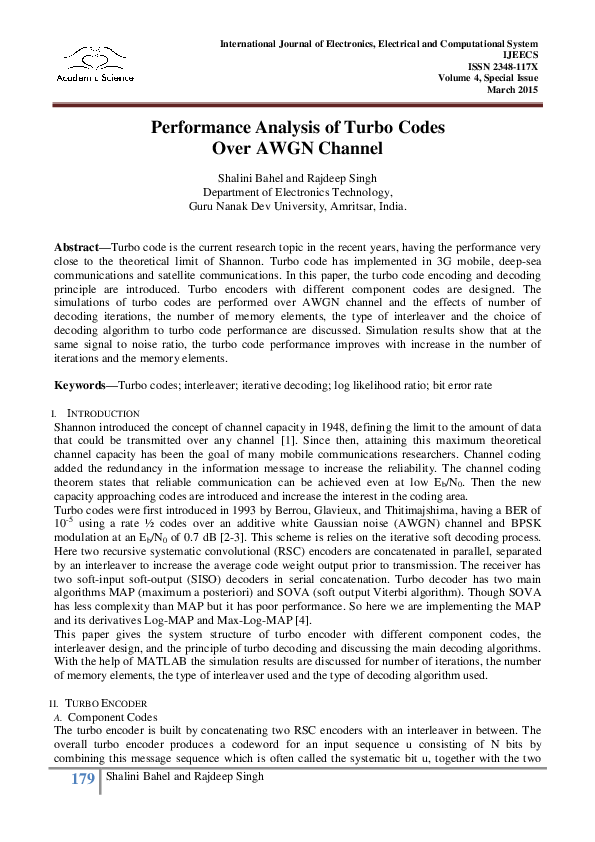 (PDF) Performance Analysis of Turbo Codes Over AWGN Channel