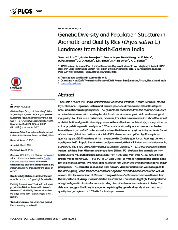 (PDF) Genetic Diversity and Population Structure in Aromatic and Quality Rice (Oryza sativa L ...