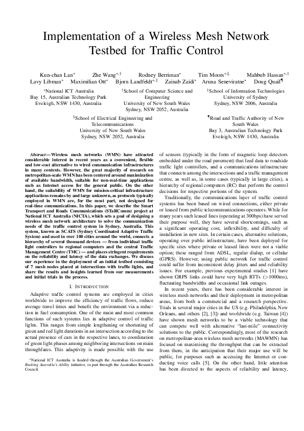 Pdf Implementation Of A Wireless Mesh Network Testbed For Traffic Control