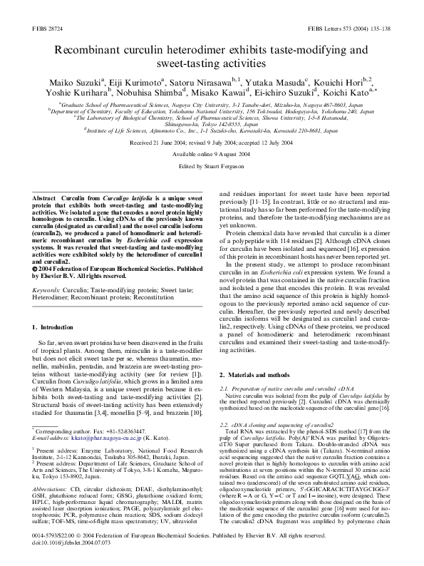 (PDF) Recombinant curculin heterodimer exhibits taste-modifying and ...