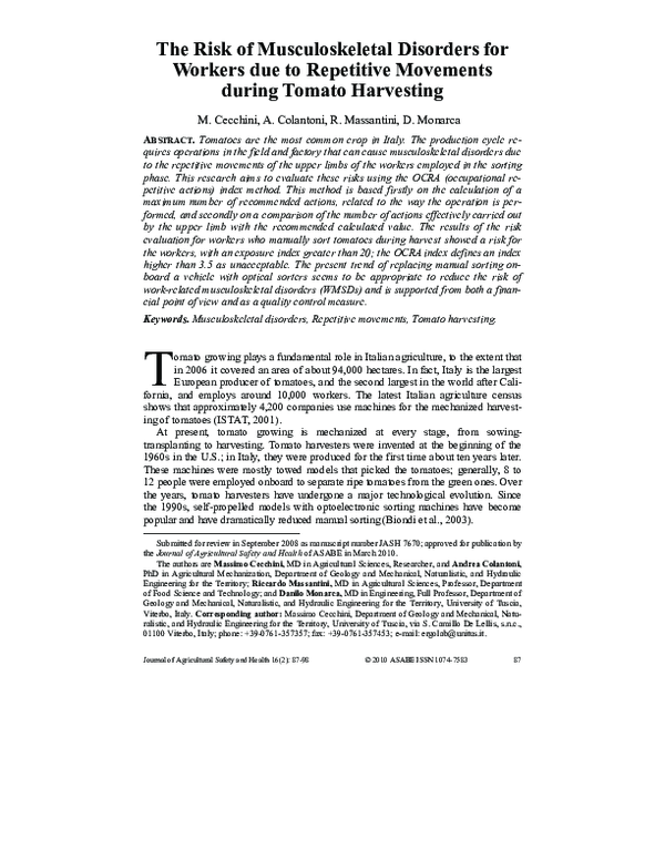 (PDF) The Risk of Musculoskeletal Disorders for Workers due to ...