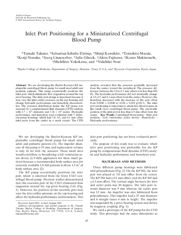 (PDF) Inlet Port Positioning for a Miniaturized Centrifugal Blood Pump