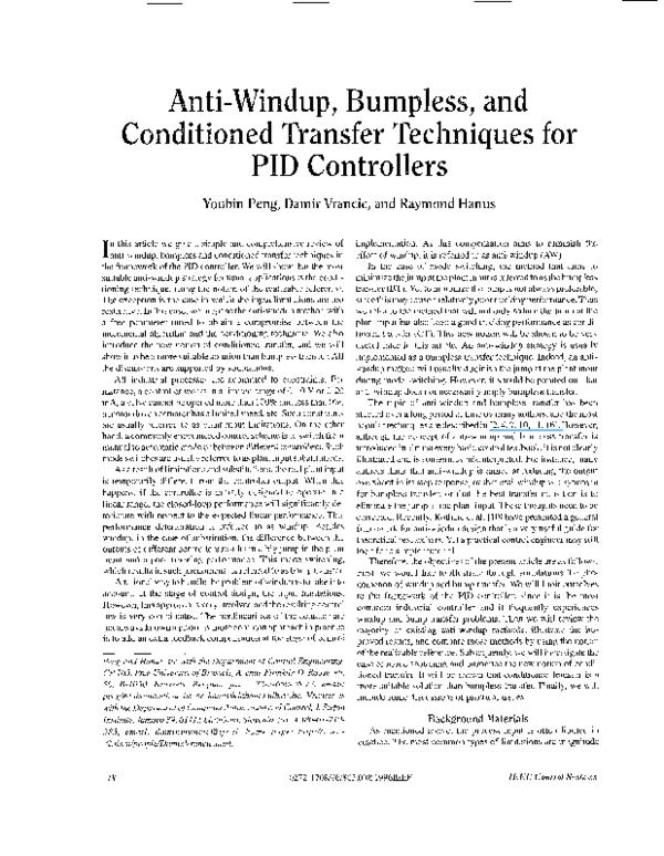 (PDF) Anti-windup, bumpless, and conditioned transfer techniques for PID controllers