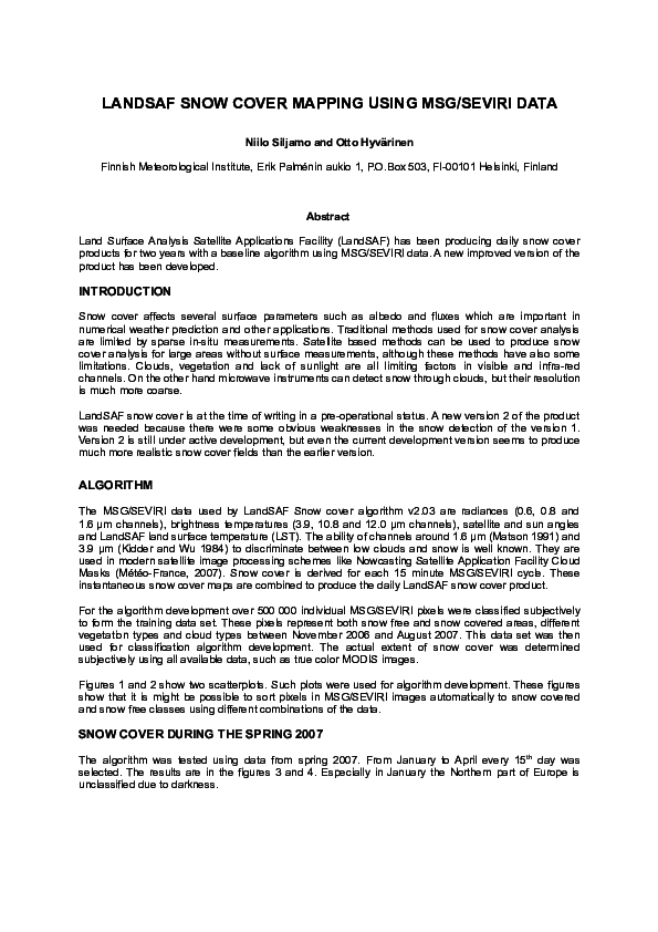 (PDF) LANDSAF SNOW COVER MAPPING USING MSG/SEVIRI DATA