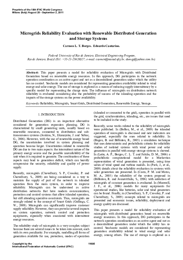 (PDF) Microgrids Reliability Evaluation with Renewable Distributed Generation and Storage Systems